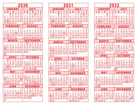 2030 2031 2032 3 Year Calendar