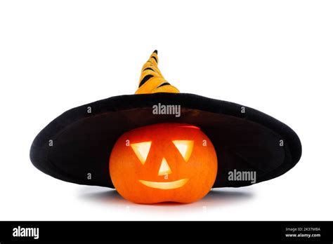 Funny Jack O Lantern Halloween Pumpkin Wearing Witches Hat Isolated On