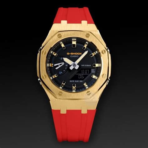 G Shock Mod With Yellow Gold Steel Case Red Strap And Yellow Gold Hour