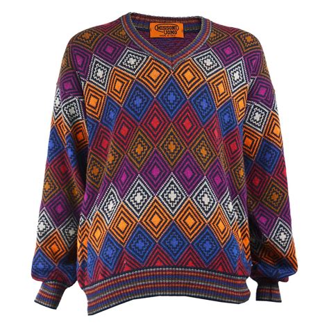 Missoni Mens Vintage Multicolored Diamond Pattern Cotton Knit V Neck