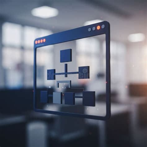 A Digital Flowchart Appears Within A Stylized Browser Window Against A Blurred Office Stock