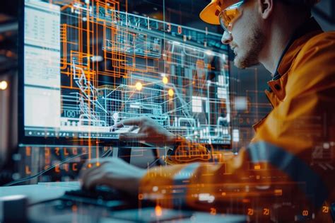 Engineer Analyzing Blueprint On Digital Interface Premium Ai