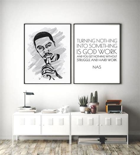 Set Of 2 Hip Hop Posters Rapper Wall Art Nas Portrait Rap Lyrics
