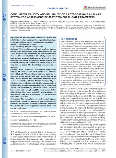 PDF Concurrent Validity And Reliability Of A Low Cost Gait Analysis System For Assessment Of