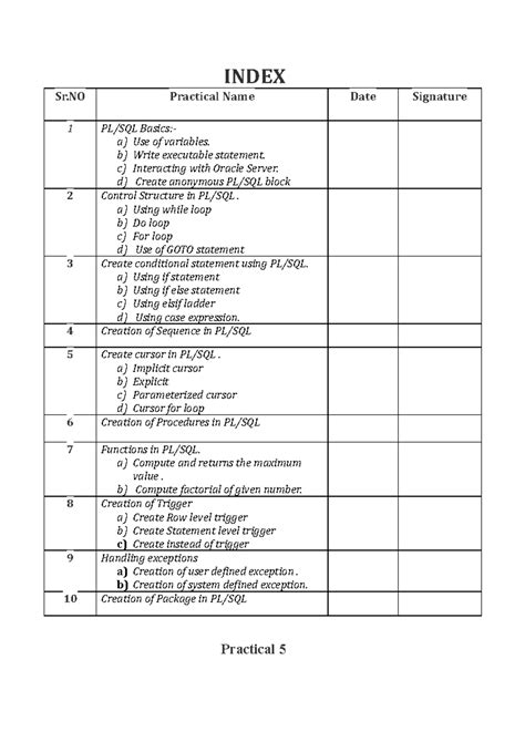 Plsql 5 10 Practical Green It Index Sr Practical Name Date