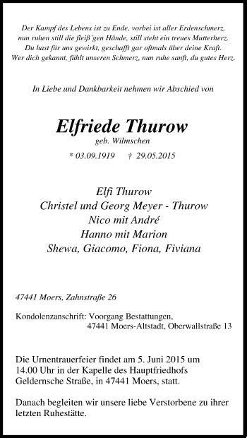 Traueranzeigen Von Elfriede Thurow Trauer In Nrwde