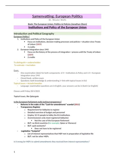 Samenvatting European Politics Wouter Wolfs En Steven Van Hecke Stuvia Be