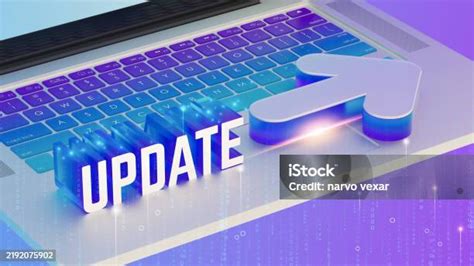 3d 렌더링 노트북 키보드 빛나는 보라색 및 파란색 그라데이션 굵은 흰색의 업데이트 텍스트 미래 지향적인 화살표 아이콘 디지털