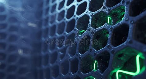 Dark Metallic Honeycomb Grid Glows With Green Energy Stock Illustration