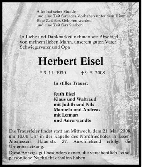 Traueranzeigen Von Herbert Eisel Trauer In Nrw De