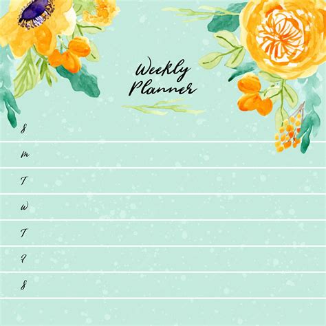 Planificador Semanal Con Hermosa Acuarela Floral Amarilla Vector Premium
