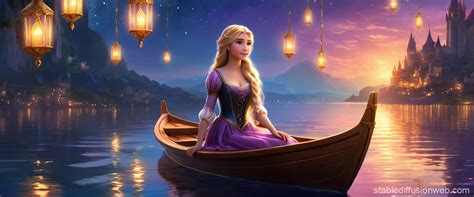 Rapunzel On A Boat Surrounded By Lights On The Water A Little Far