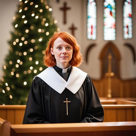 Ginger Haired Young Lady Vicar In Clerical Robes In Modern Church