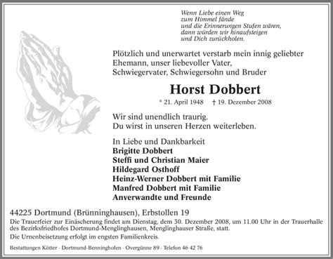 Traueranzeigen Von Horst Dobbert Trauer In Nrwde