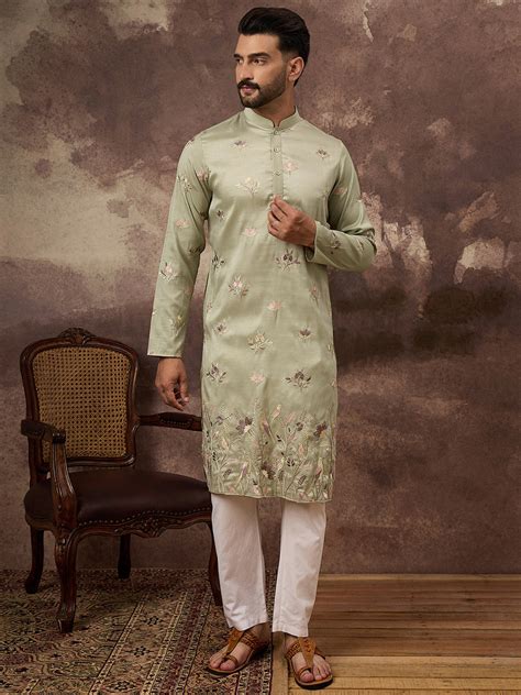 Mens Ethnic Bay Green Silk Blend Solid Embroidered Straight Kurta