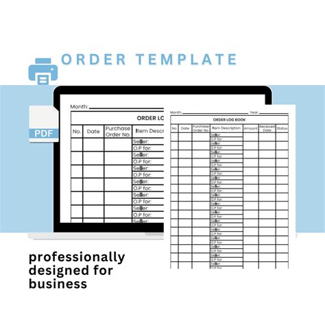 Order Log Book Digital Template Printable Order Book Order List