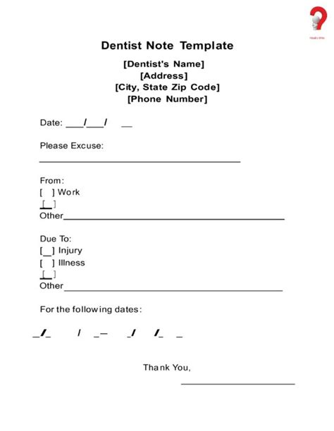 Free Printable Dentist Note For Work
