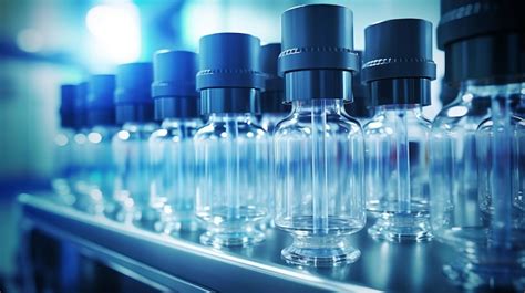 Medical Vials On The Pharmaceutical Factory Production Line Premium