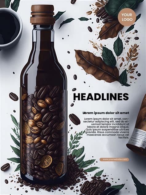 Premium Psd Flyer Design With A Bottle Coffee And Beans Illustration