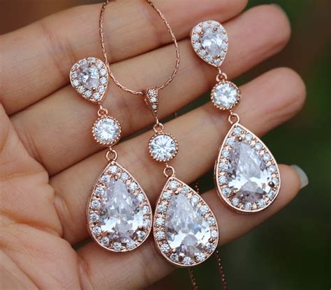 Rose Gold Jewelry Set Rose Gold Bridal Jewelry Set Earring Necklace Set