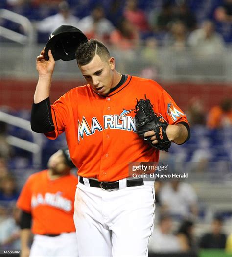 Miami Marlins Pitcher Jose Fernandez Reacts To Giving Up A Single To News Photo Getty Images
