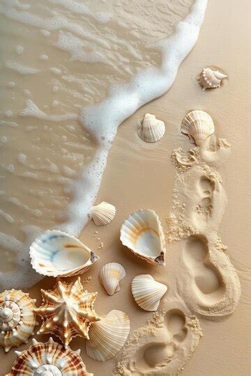 Light Beige Background With Small Footprints And Shells In The Sand