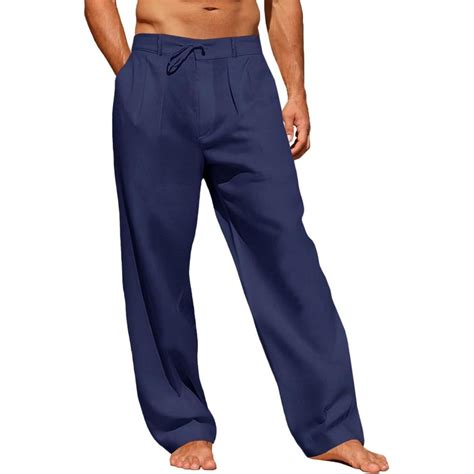 Runcati Mens Linen Cotton Casual Pants Elastic Waist Drawstring