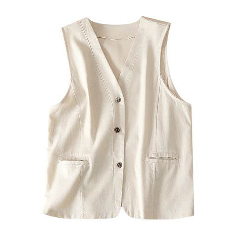 Wreesh Womens Summer Cotton Linen Vest Casual V Neck Button Vest Solid