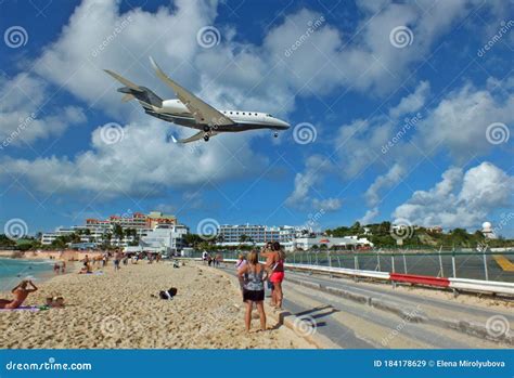 Plane Landing At St Martin Airport Famous Maho Beach Caribbean