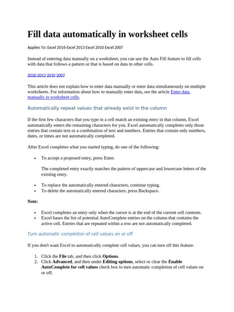 Excell Fill Data Automatically In Worksheet Cells Pdf Microsoft