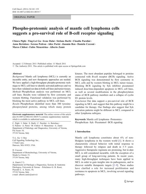 Pdf Phospho Proteomic Analysis Of Mantle Cell Lymphoma Cells Suggests