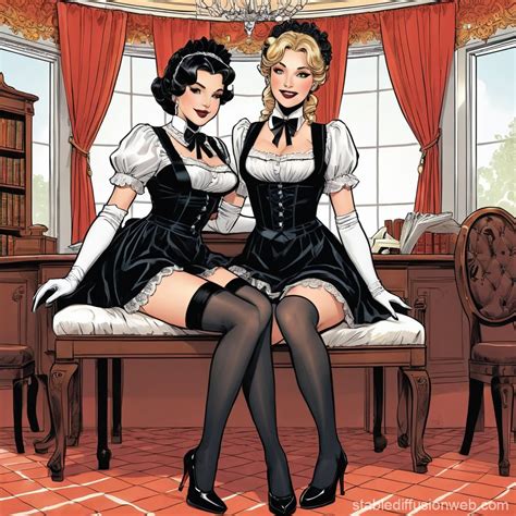 View From Below Two Maids Dressed In Black Regency Costume In Otk Stockings And Suspenders And