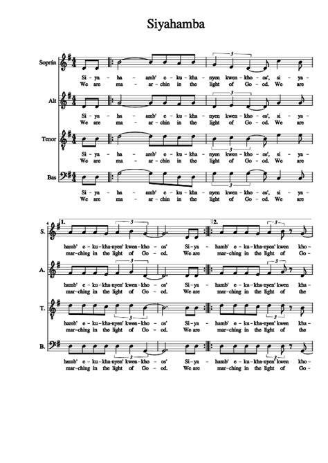 Siyahamba Sheet Music For Soprano Alto Tenor Bass Voice Satb