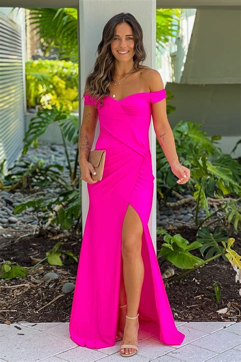 Hot Pink Off Shoulder Maxi Dress With Slit Maxi Dresses Saved By