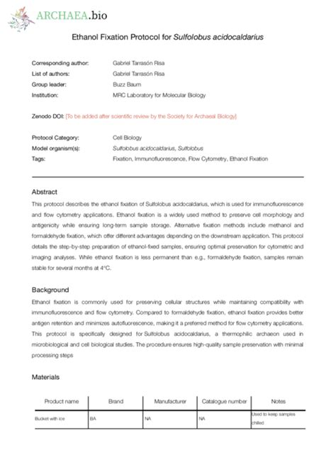 Ethanol Fixation Protocol For Sulfolobus Acidocaldarius Archaea Bio