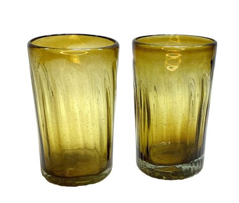 Vintage Amber Bubble Glass Blenko Tumblers Handblown Swirl Rough Pontil