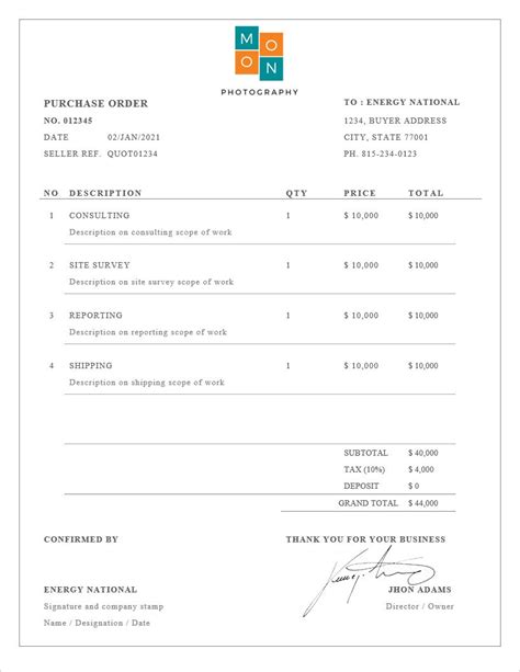 Professional Purchase Order Template With Logo For Word Editable And