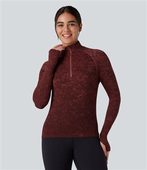 Womens Oneform Seamless Flow Half Zip Long Sleeve Thumb Hole Workout