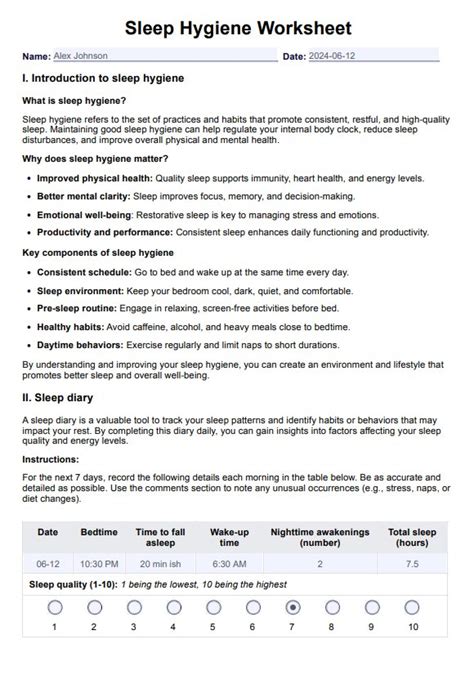 Sleep Hygiene Worksheet And Example Free Pdf Download