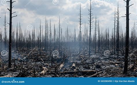 Devastated Forest After Fire Charred Trees Smoldering Logs Ghostly
