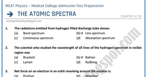 Adamjee Coaching Mcat Physics [the Atomic Spectra] Mcqs For Medical Entry Test