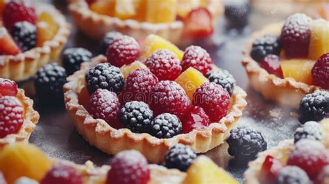 Close Up Of Assorted Fruit Tartlets With Powdered Sugar Stock