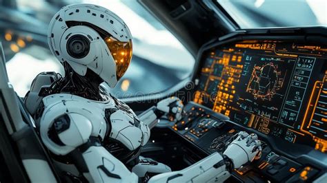 Humanoid Robot Operating A Spaceship Cockpit Ai Generated Stock