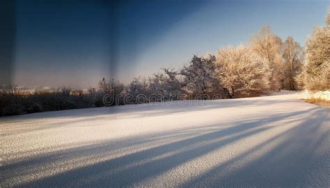 Snowy Landscape Winter Trees Cast Long Shadows At Dawn Stock Image