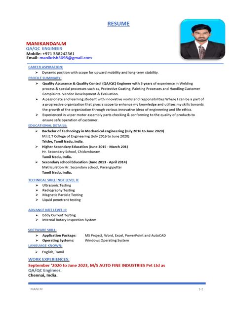 manikandan qaqc engineer cv pdf nondestructive testing