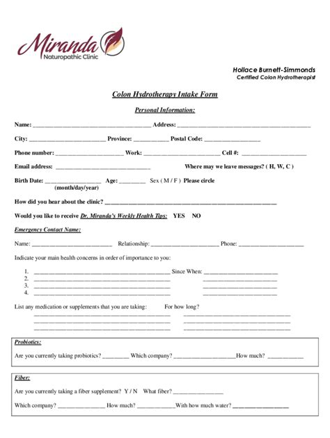 Fillable Online Food Intake Form Juanita Watson Colon Hydrotherapy