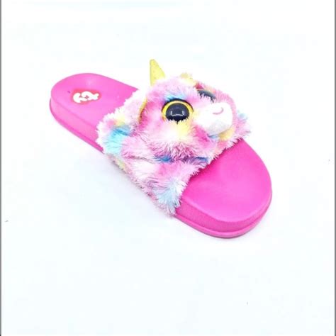 Ty Beanie Boo Shoes Nwt Beanie Boo Girls Pink Fluffy Unicorn Slides
