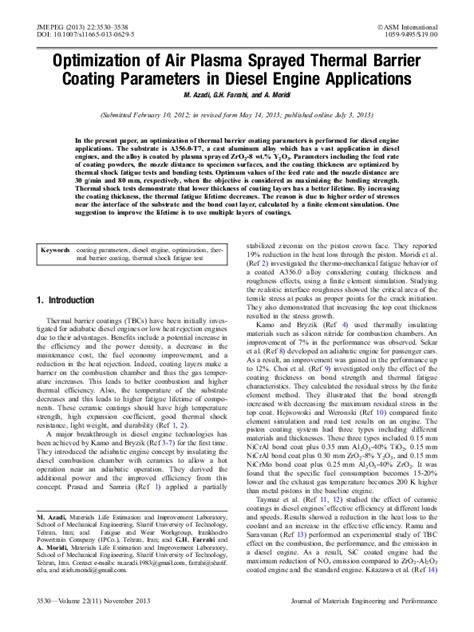 Pdf Optimization Of Air Plasma Sprayed Thermal Barrier Coating Parameters In Diesel Engine
