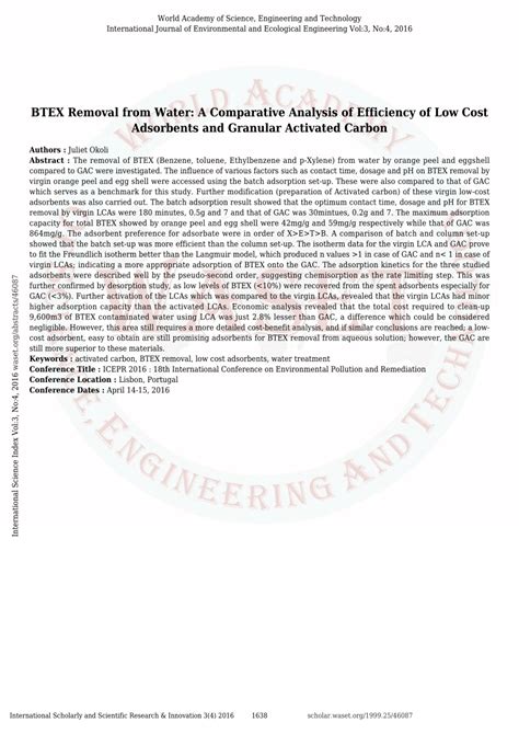 Pdf Btex Removal From Water A Comparative Analysis Of Efficiency Of Low Cost Adsorbents And