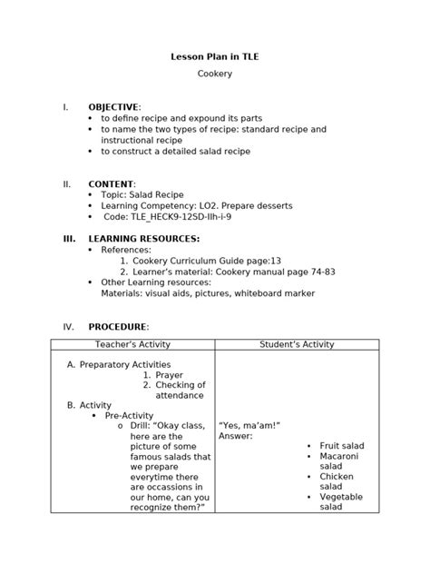Lesson Plan Demo Pdf Recipe Salad